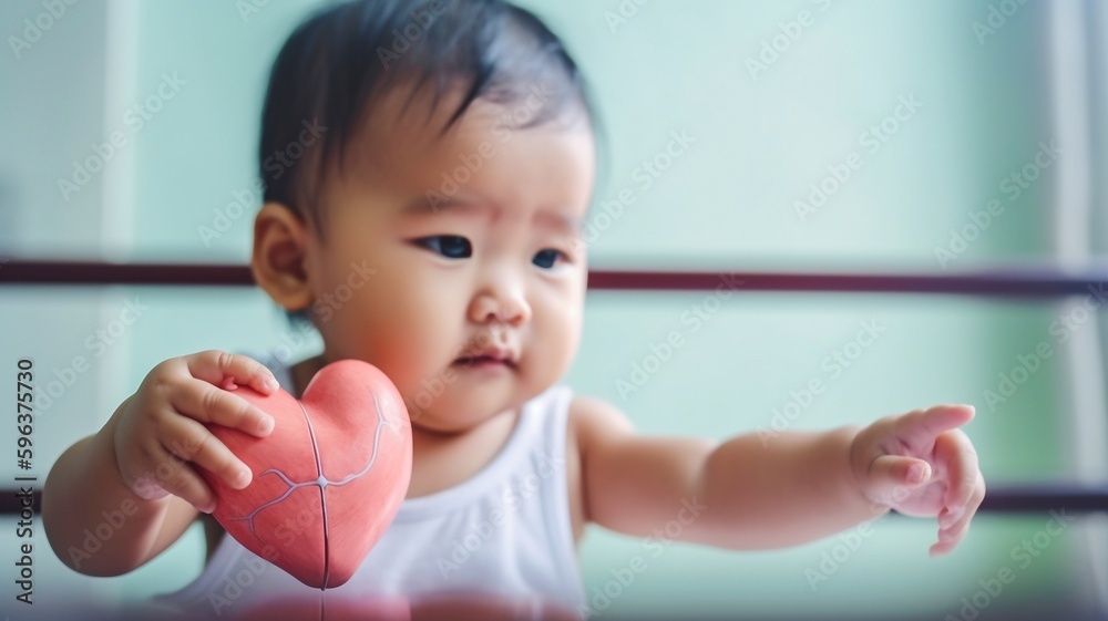 Asian newborn baby with heart organ line for children's heart health ...