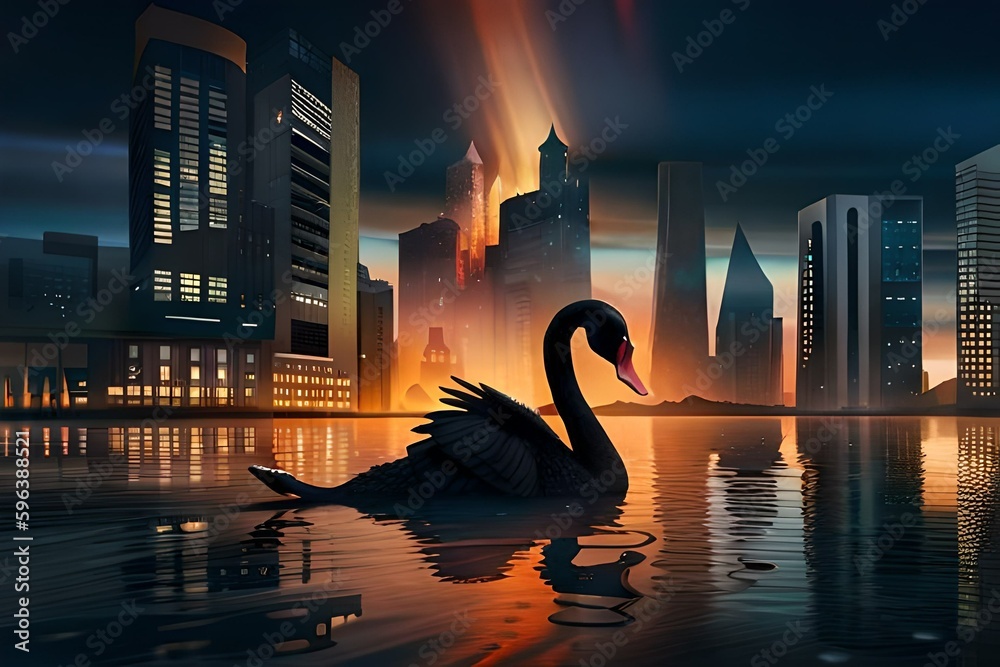 Black Swan - A black swan with red eyes swimming in a sea by night ...