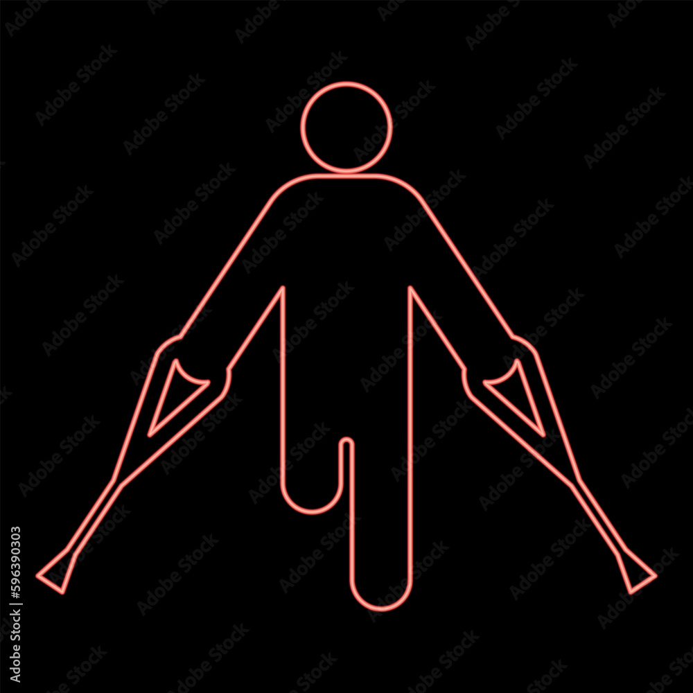 Neon man with broken leg crutch cane gypsum foot stick using sticks ...