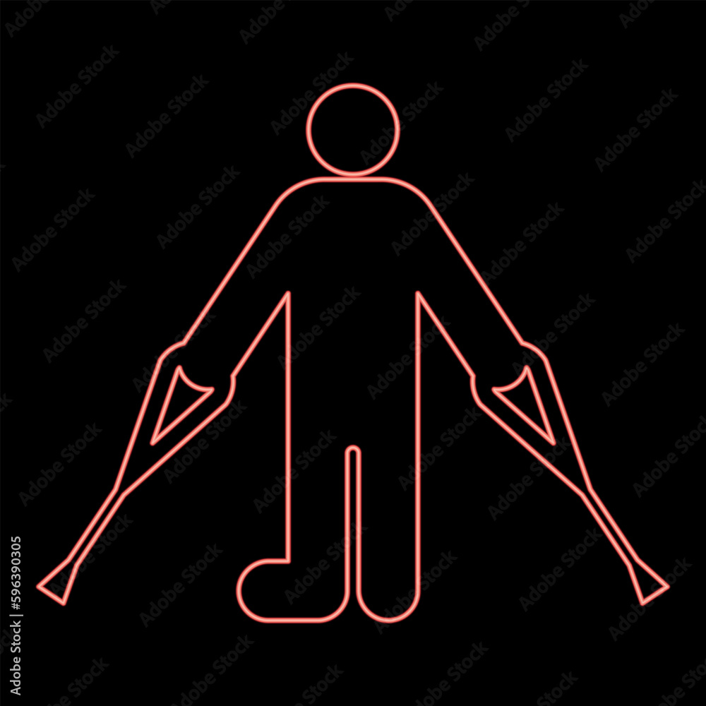 Neon man with broken leg crutch cane gypsum foot stick using sticks ...