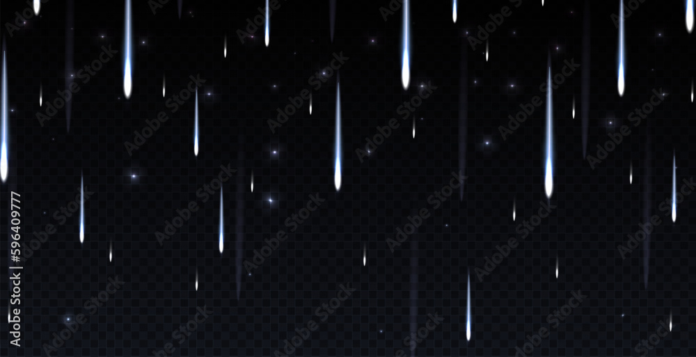 Realistic blue light effect of meteor rain in sky. Meteorites on ...