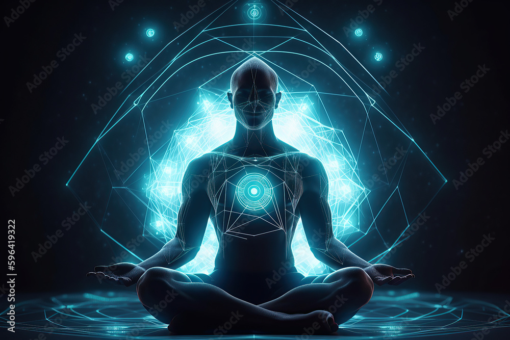 Abstract futuristic image of man yogi sits in a lotus pose, body ...