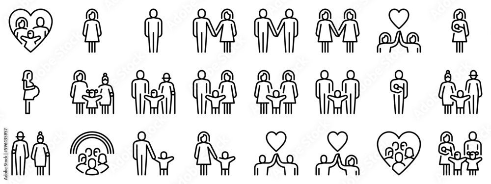 Line icons about people, types of family structures on transparent ...