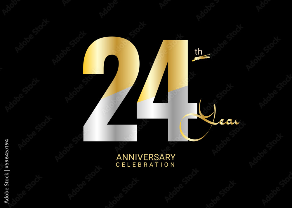24 Years Anniversary Celebration gold and silver Vector Template, 24 ...