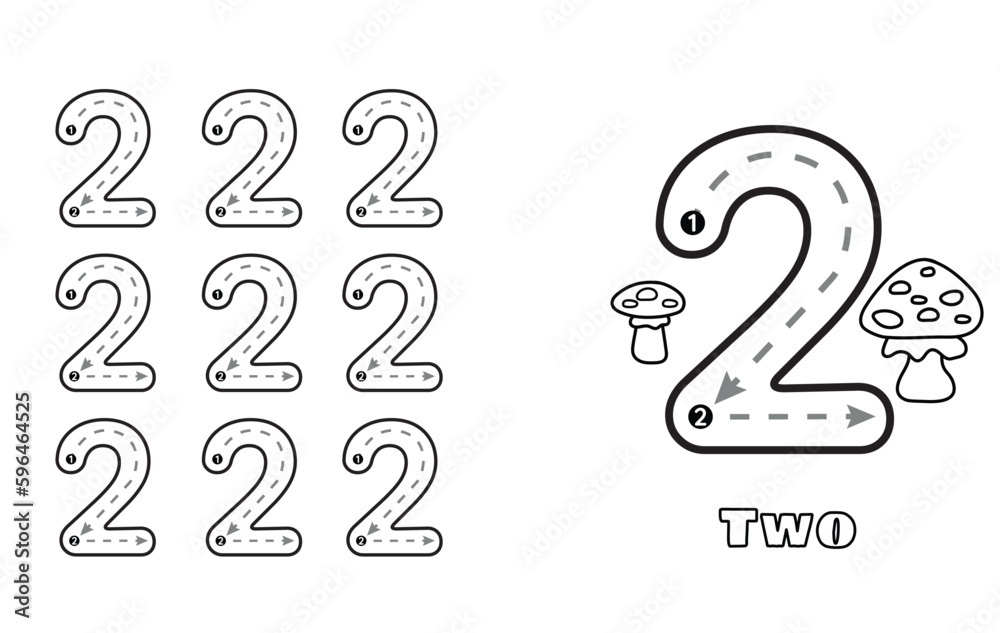Number Two trace practice worksheet for prek kids and toddlers ...