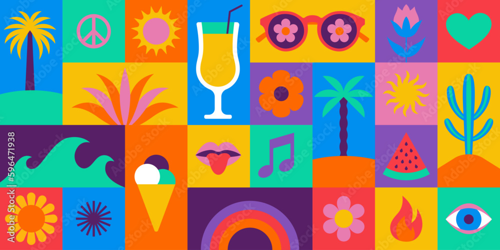 Vector simple flat illustrations and icons, geometric summer pattern ...