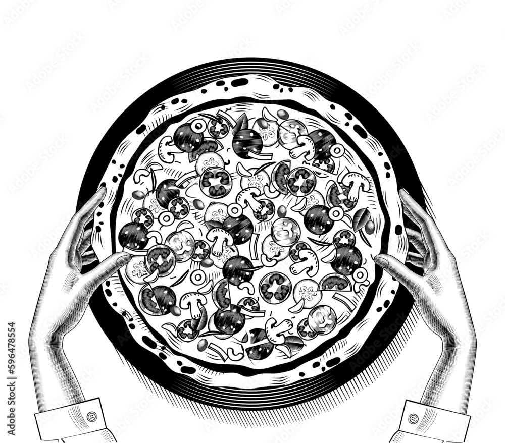 Big round pizza and two hands. Conceptual design of a restaurant menu ...