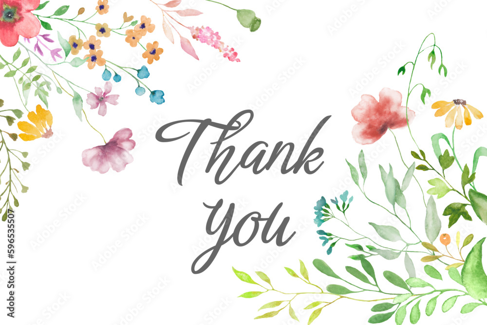 Watercolor floral thank you card with wildflowers. Hand drawing ...