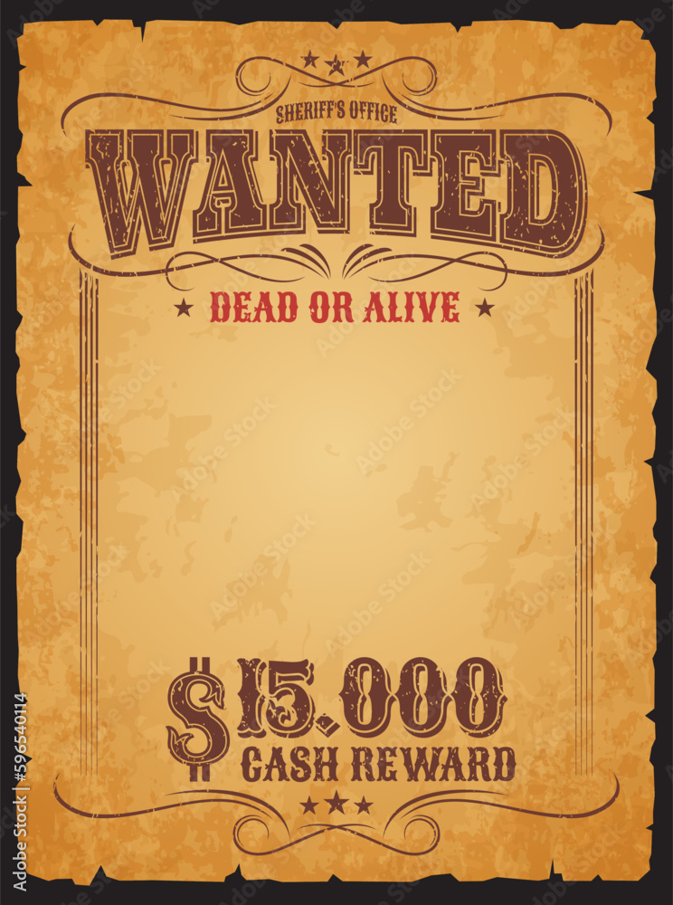Western wanted banner. Dead or alive vintage poster with reward ...