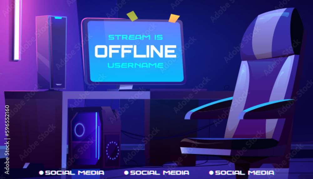 Offline stream cartoon wallpaper banner design for gamer with computer, table and armchair ...