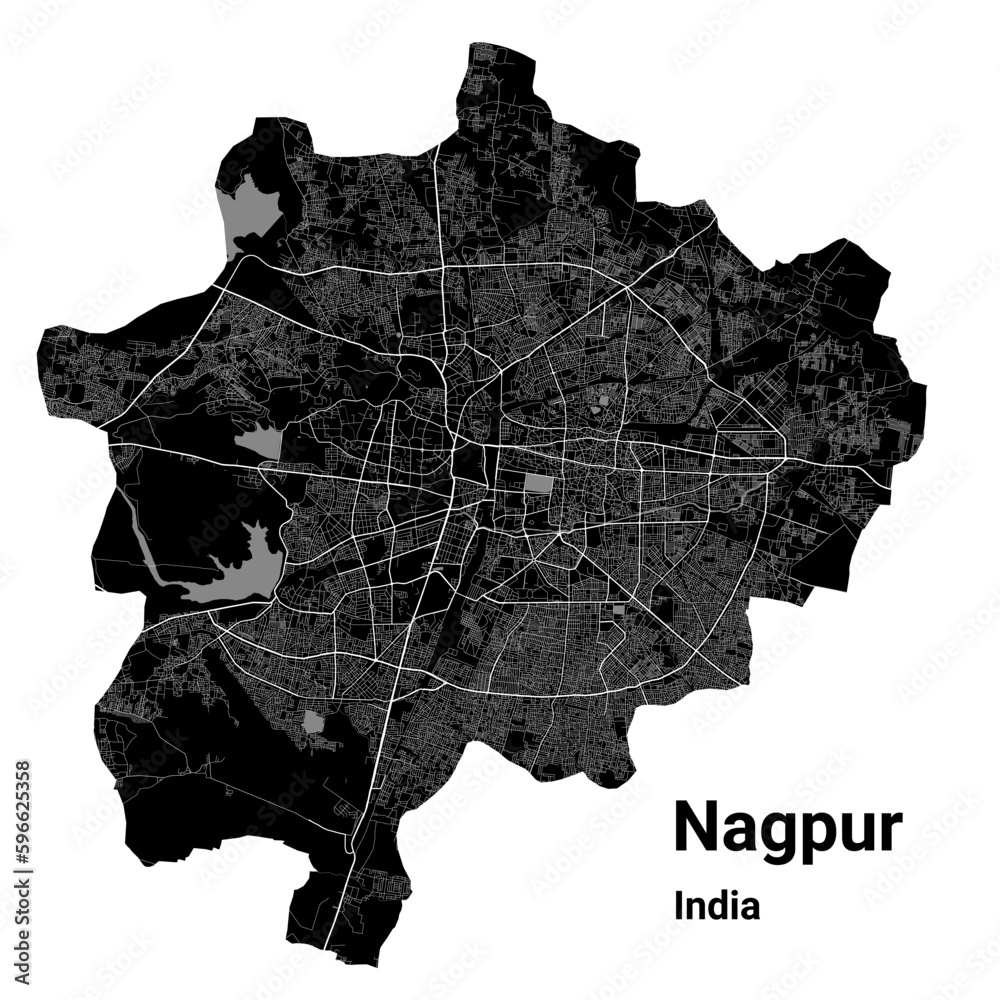 Nagpur map. Detailed black map of Nagpur city poster with roads ...