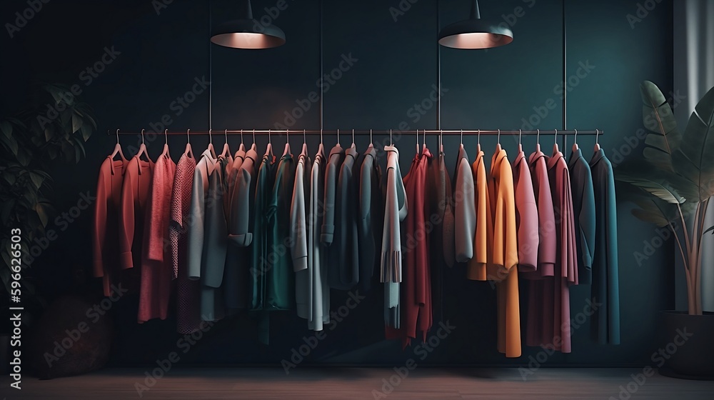 A rack of clothes with a light on it and a lamp above it. Fashion ...