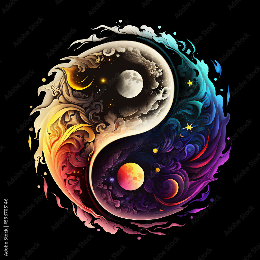 Yin yang symbol with sun and moon, isolated, black backgroundcreated ...