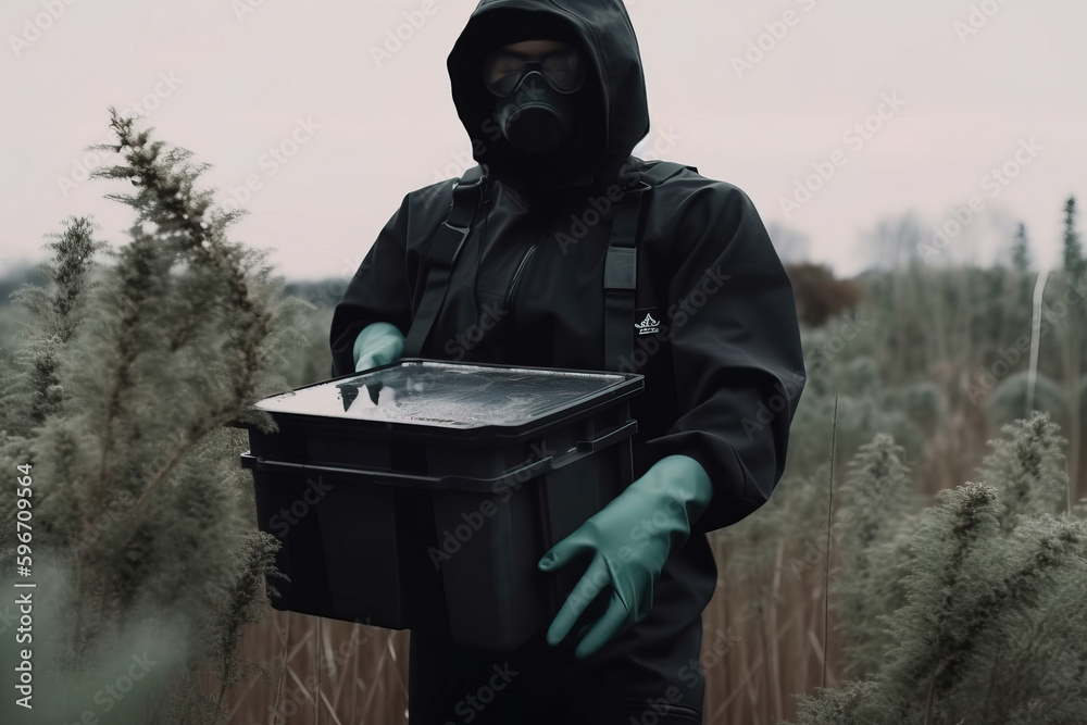 Ilustración de Stock Generative AI image of male gardener in gas mask ...