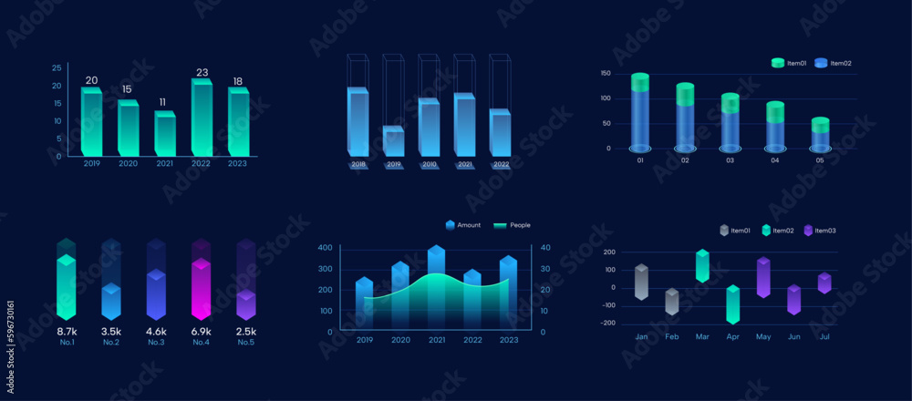 Colorful dark bar chart, 3d visual histogram Stock Vector | Adobe Stock