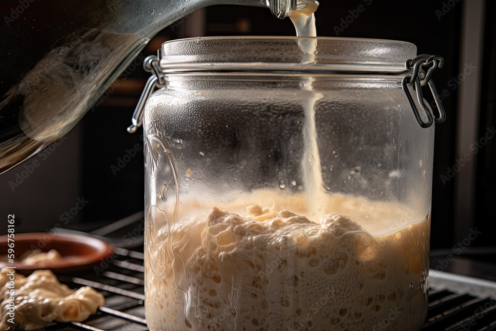 close-up of a bubbling sourdough starter, showing the fermentation process in action, created ...
