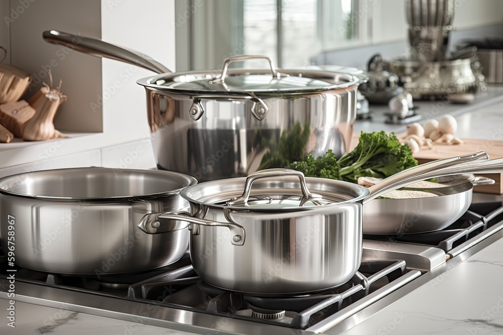 person, cooking with classic pots and pans on stainless steel kitchen ...