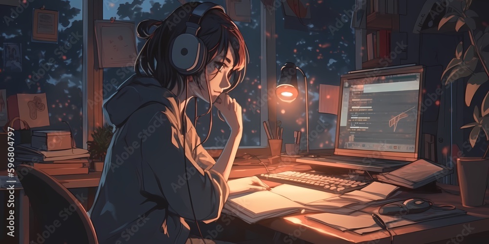 Cool Lofi Girl studying at her desk. Rainy or cloudy outside, beautiful ...