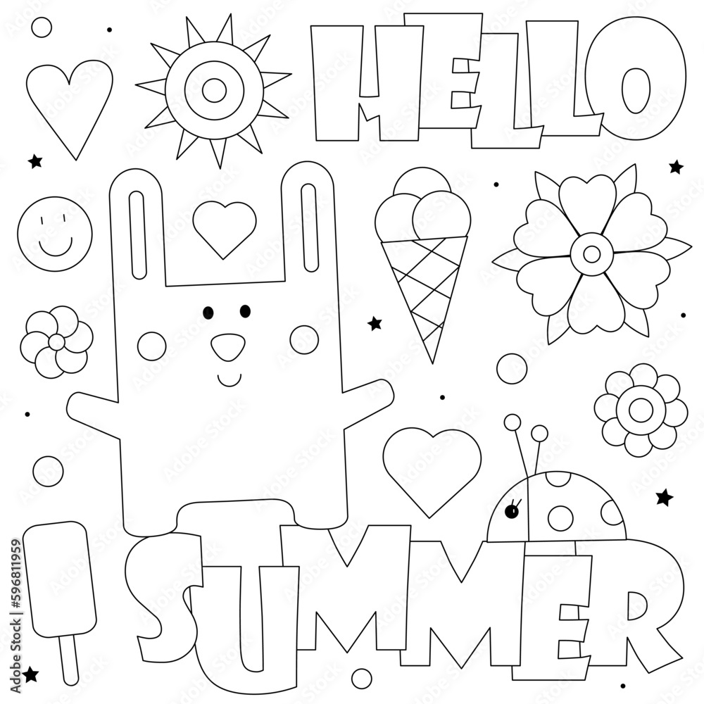 Hello Summer. Coloring page. Vector illustration of a rabbit, icecream ...