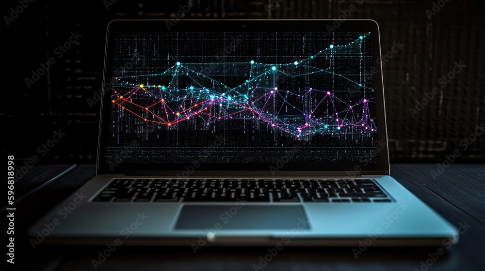 Laptop Displaying Neon Analytical Data Visualization in 8K created with ...