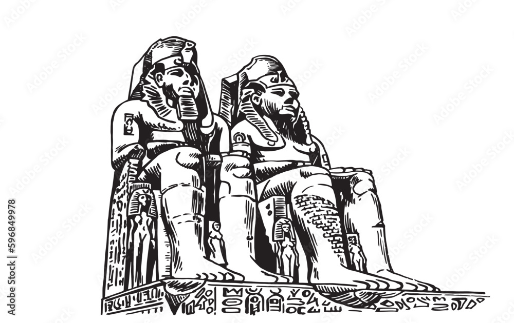 Abu Simbel,graphical vector illustration of two massive rock-cut ...