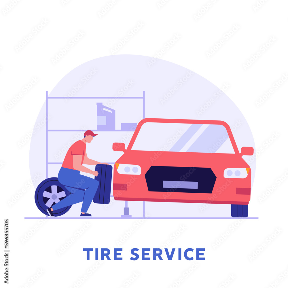 Tire service illustration. Professional mechanics change wheels and ...