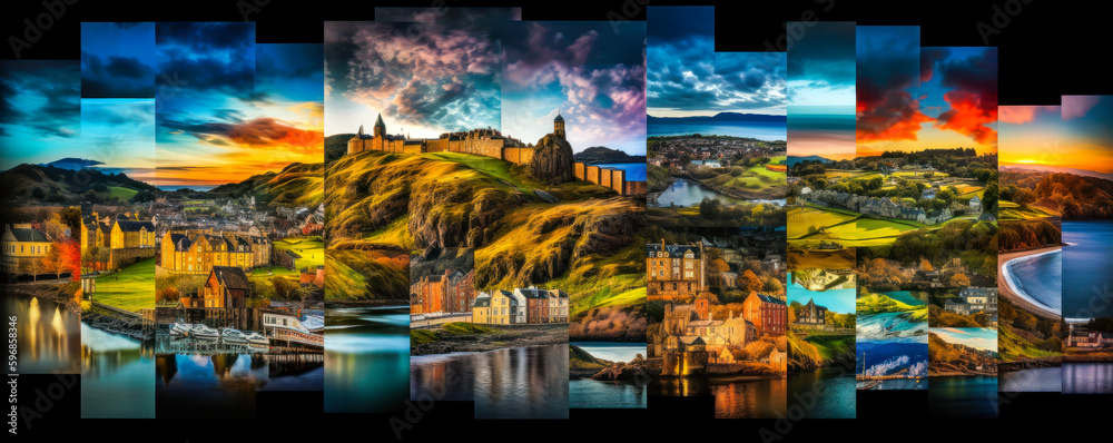 Artistic collage of landscapes, monuments and culture of Scotland ...