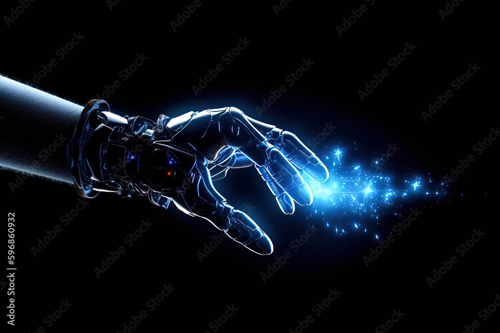 high tech robot hand on black background, blue tech futuristic light ...