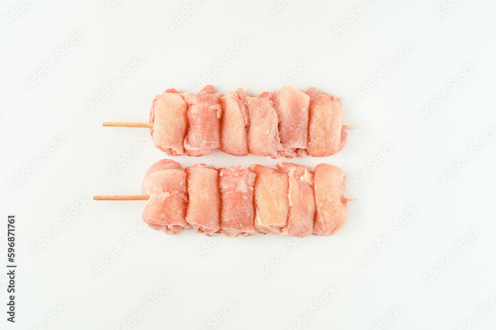 Chicken skewers.Food for retail.Skewers from raw chicken leg meat ...