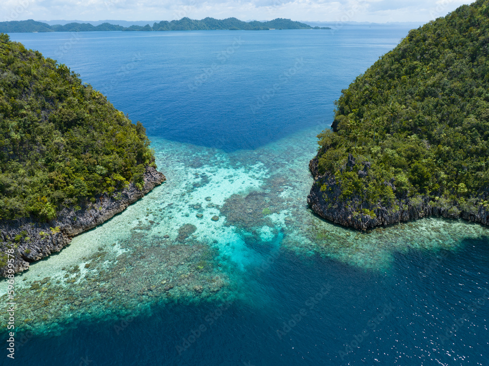 Beautiful coral reefs surround the dramatic limestone islands that rise ...
