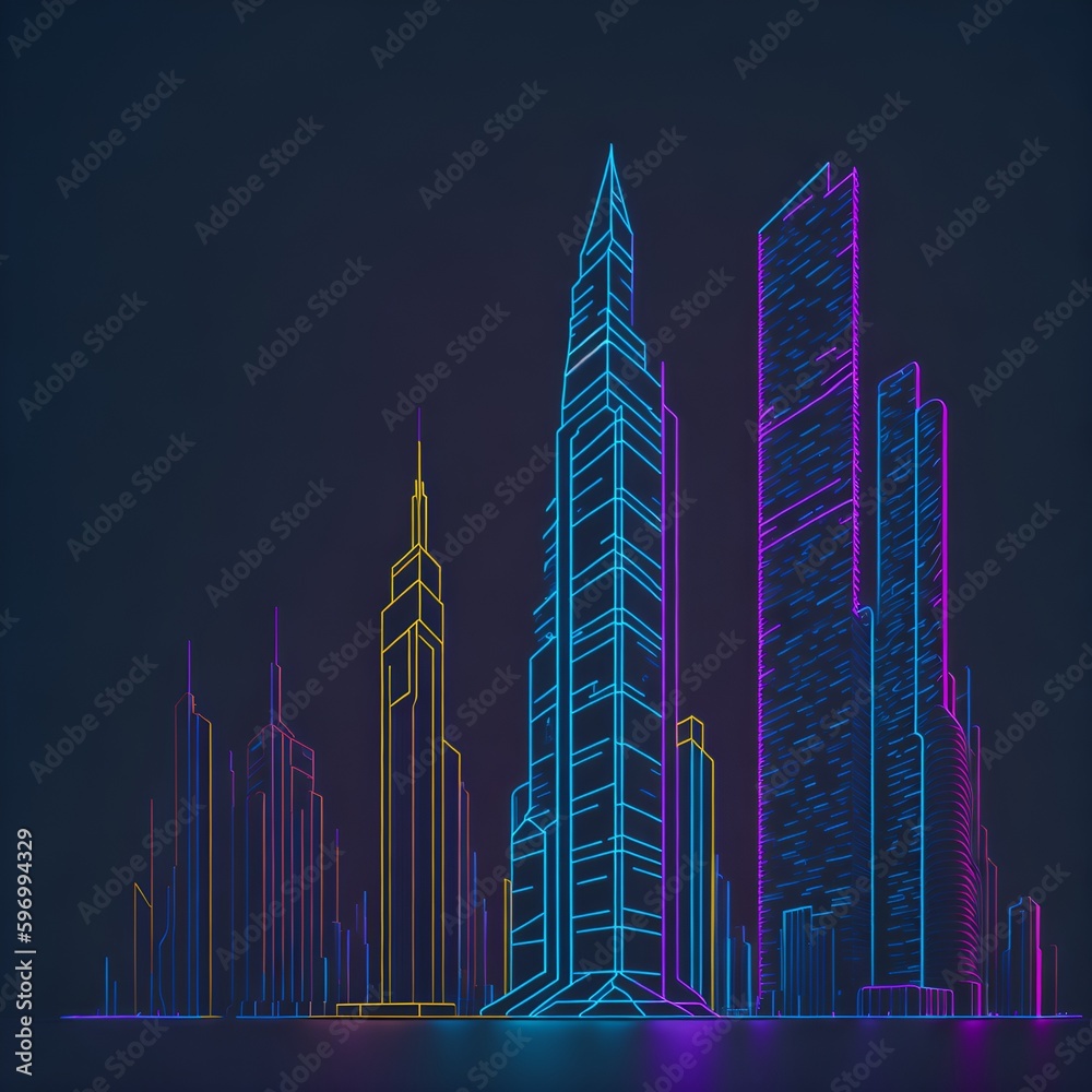 3d rendering, colorful neon curvy line city skyscraper glowing in the ...