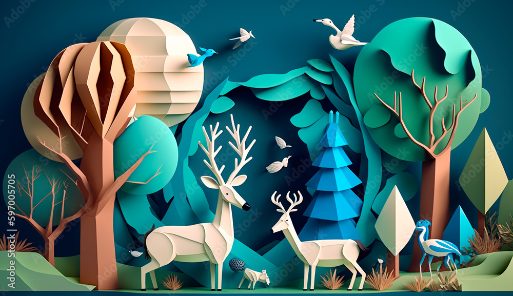 paper art style ecology concept ecosystem jungle animals and plants ...