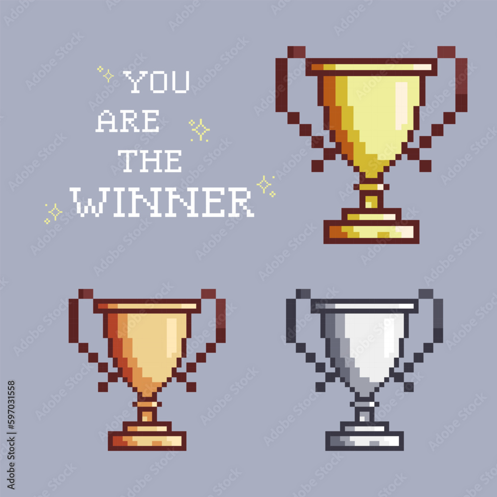 Gold Silver Bronze Trophy Cup pixel art set, pixelated trophy, Winner ...