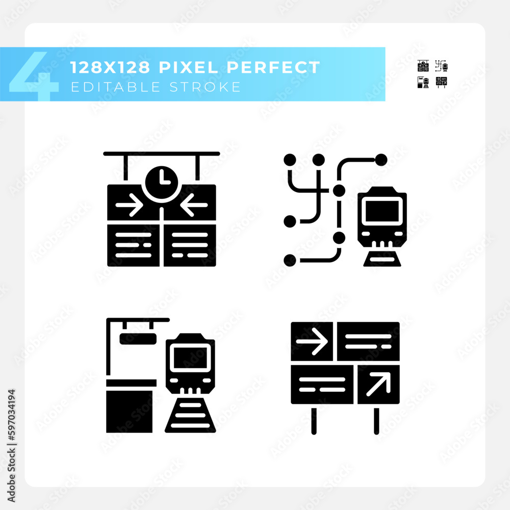 Railway station pixel perfect black glyph icons set on white space ...