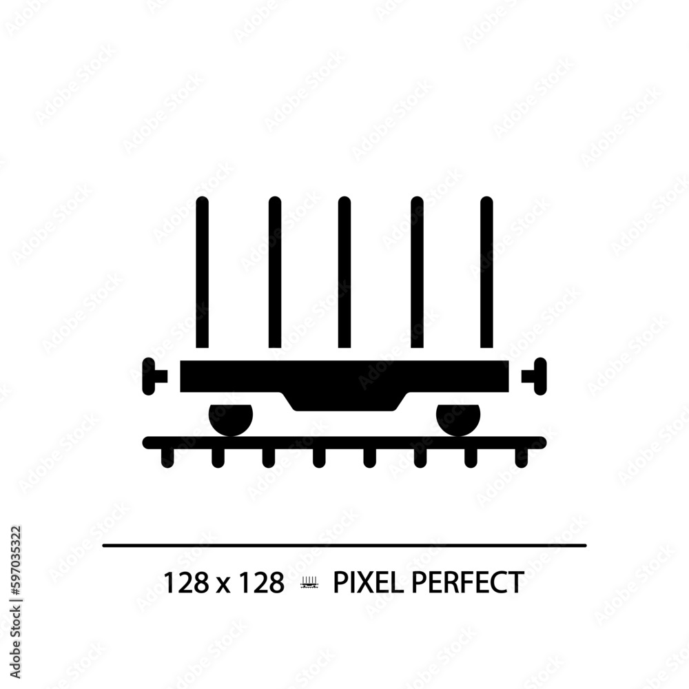 Flatcar pixel perfect black glyph icon. Freight railroad car. Open ... Flatcar pixel perfect black glyph icon. Freight railroad car. Open ...