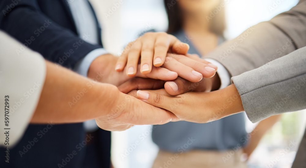Support, business people collaboration and hands stack together in ...