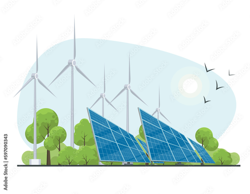 Wind and solar generation. Solar panels and wind turbines on nature ...