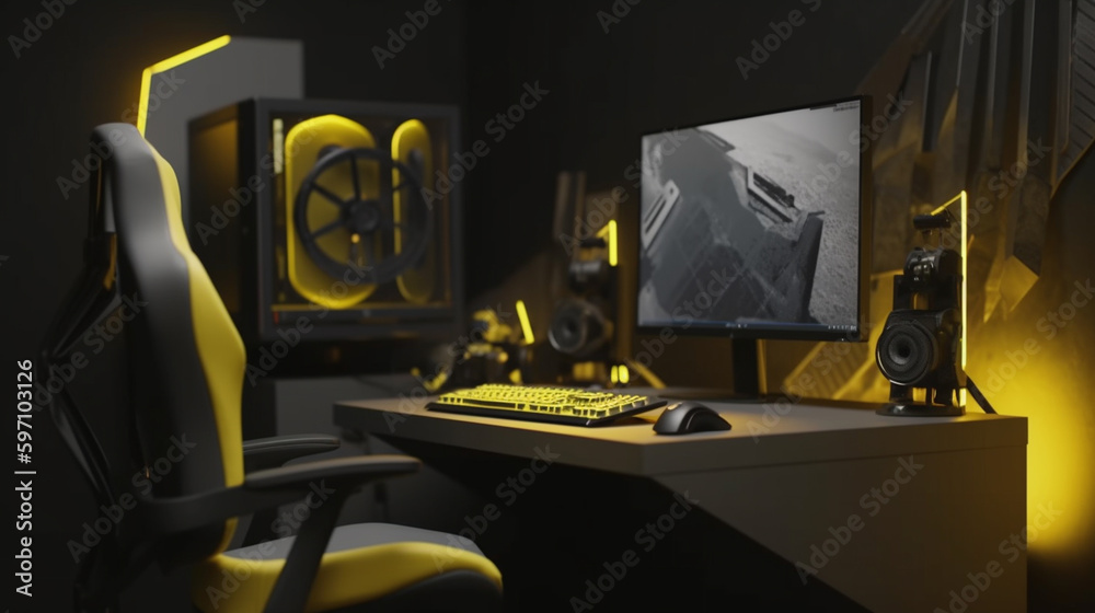 gaming room with the yellow-grey color scheme, gaming chair, gaming ...