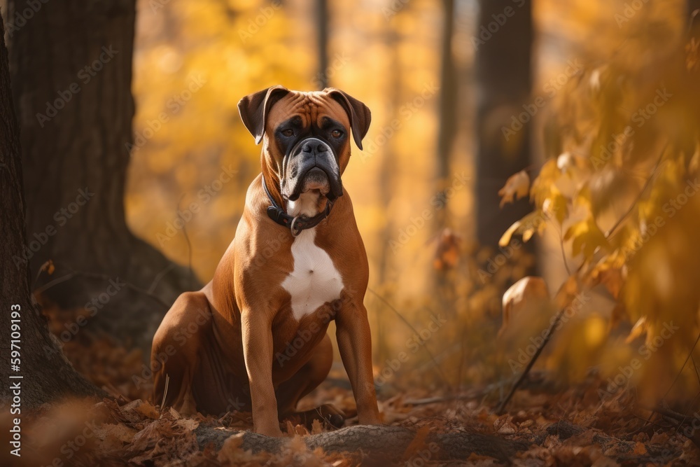 Full-length portrait photography of a curious boxer dog sitting against ...