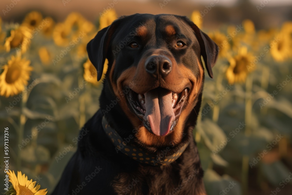 Lifestyle portrait photography of a happy rottweiler biting his tail ...