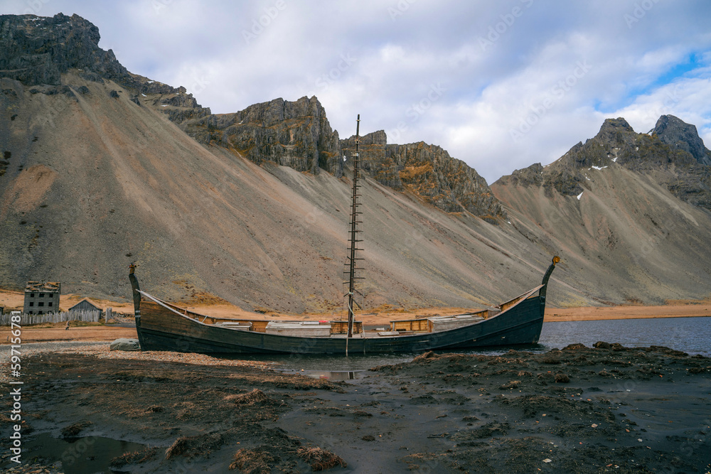Abandoned viking village in Stokksnes, Iceland. The replica of the ...