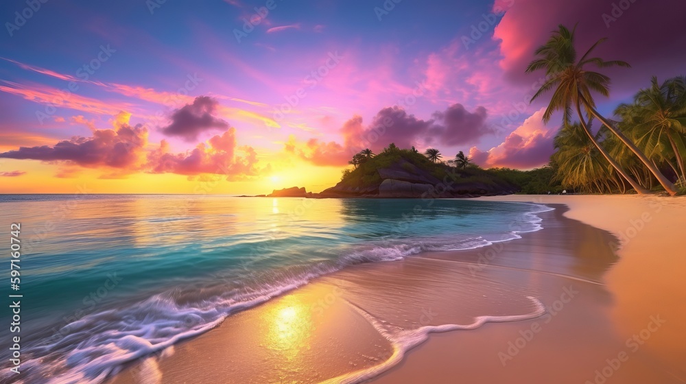 A stunningly realistic beach scene in 4K Ultra HD, with crystal clear turquoise waters, golden ...