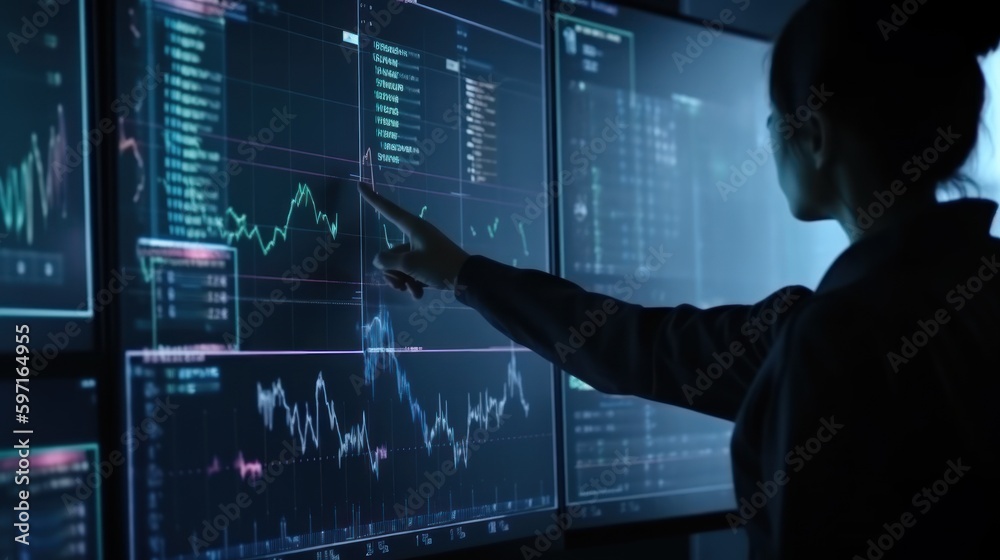 Big data technology and data science. Data scientist analysing and visualizing complex data set ...