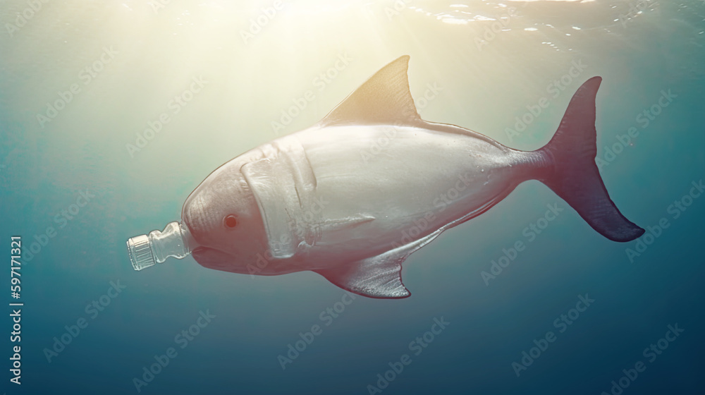Fish plastic bottle shape floating underwater, marine plastic pollution ...