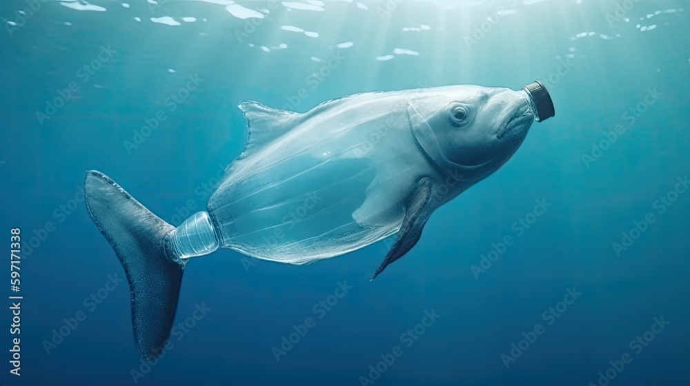 Fish plastic bottle shape floating underwater, marine plastic pollution ...