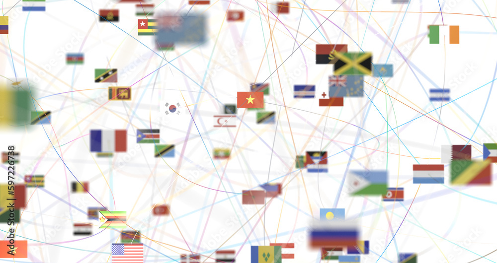 ภาพประกอบ Stock Connection lines Around map with all country flags ...