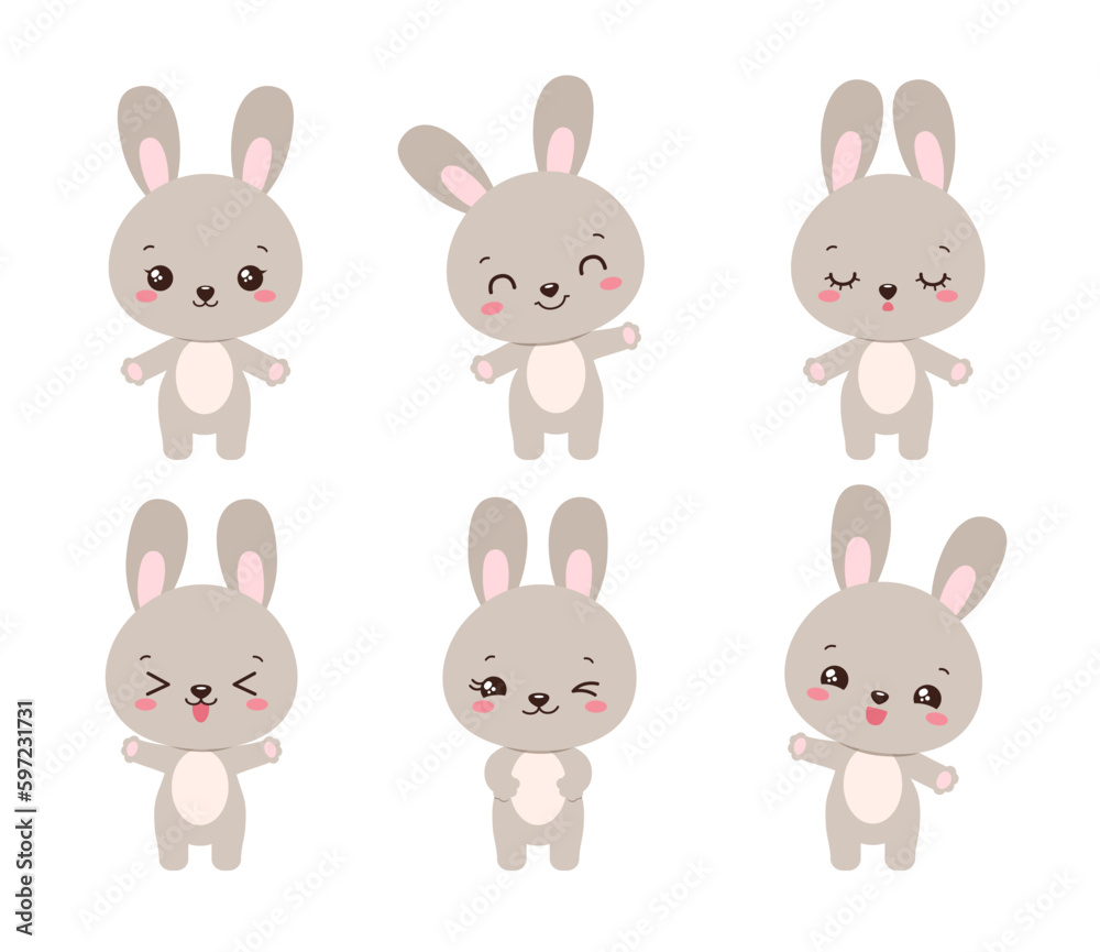 Praca wektorowa bez tantiem: Cute rabbit emoji icon set. Kawaii ...