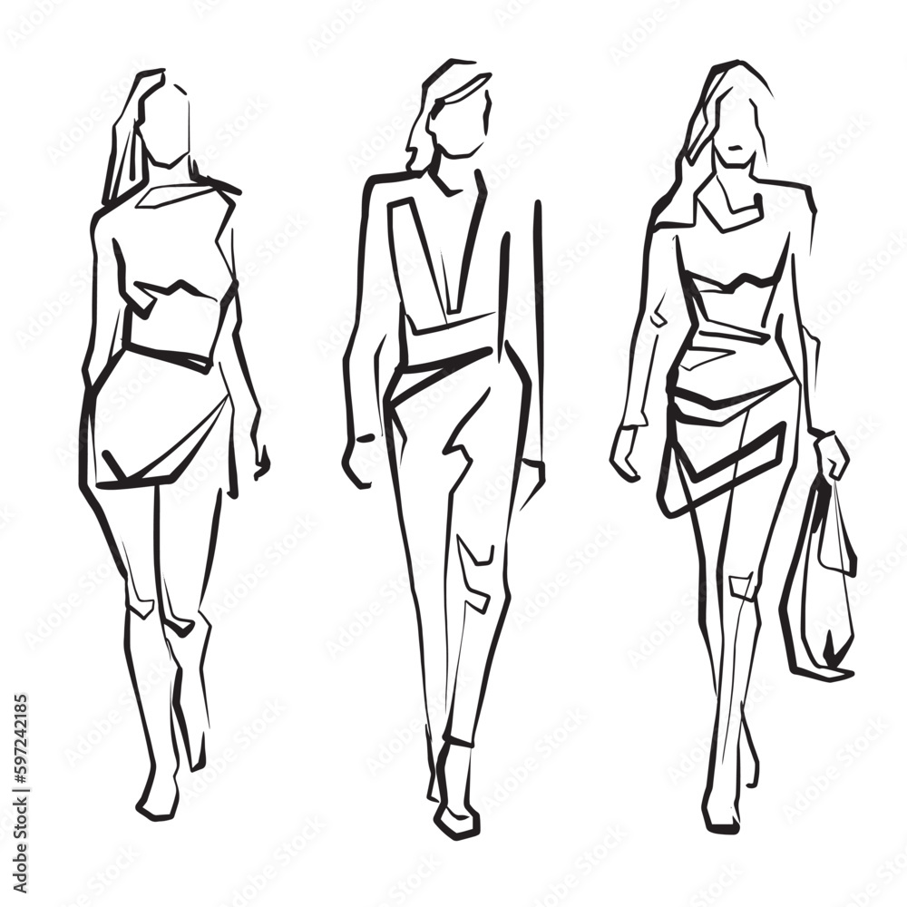 Fashion models. Line Drawing Illustration of Young Woman Stock Vector ...