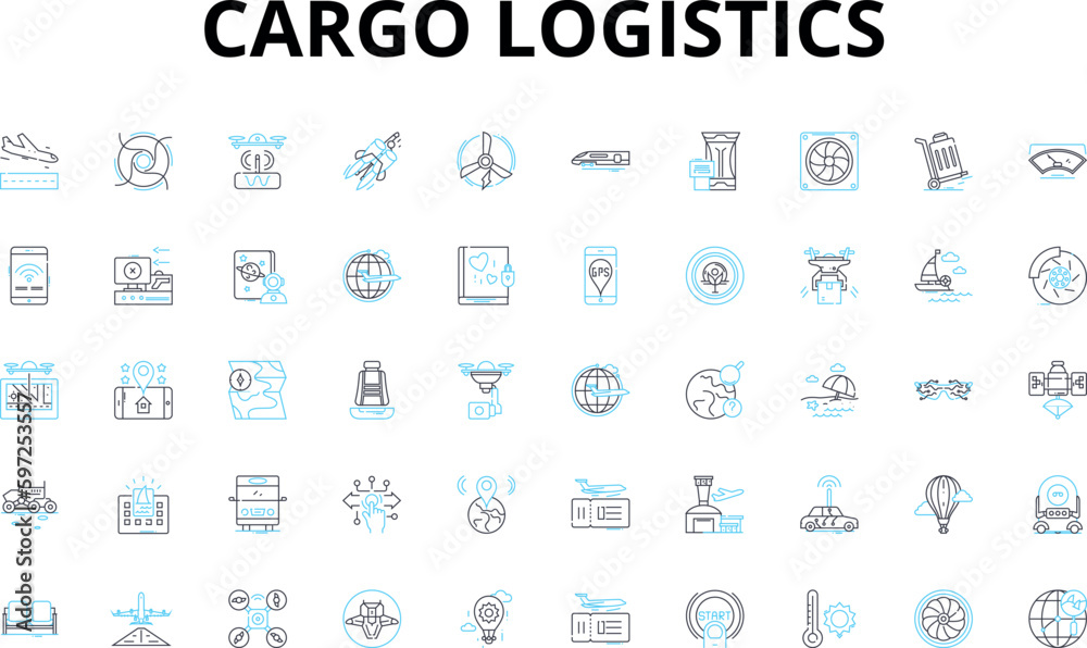 Cargo logistics linear icons set. Freight, Shipping, Transport, Supply ...
