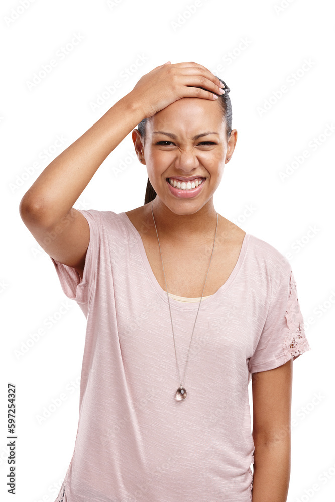 Portrait, stress and woman with a headache, burnout and lady isolated ...